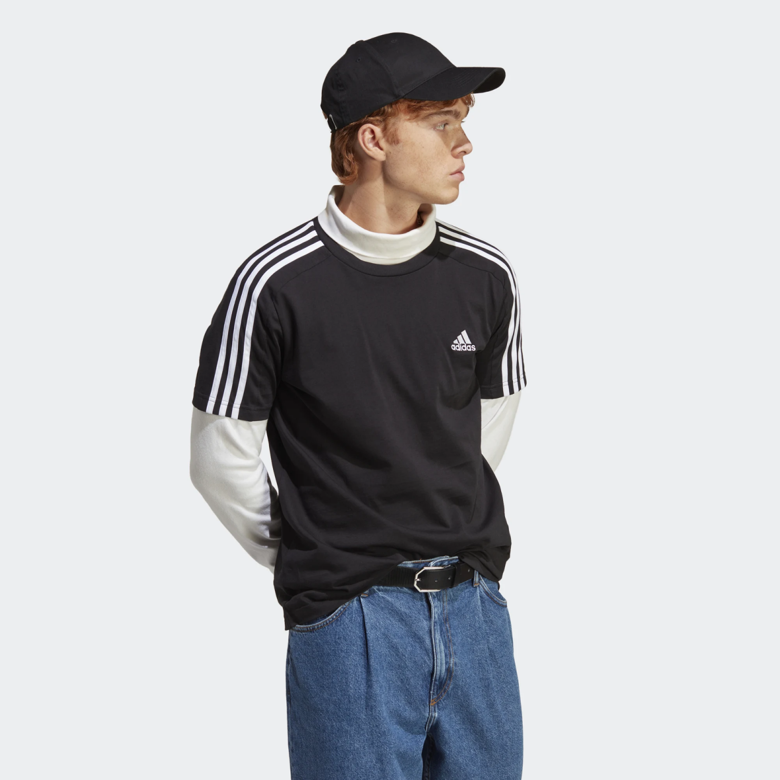 Adidas เสื้อกีฬาผู้ชาย Essentials Single Jersey 3-Stripes Tee | Black ...